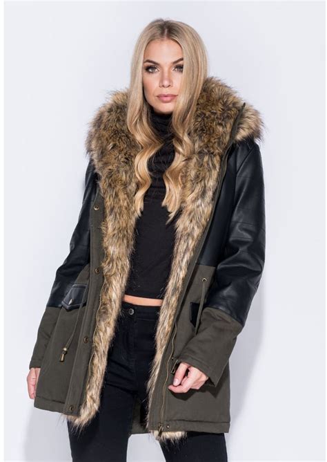 Faux Leather Panel Fur Trim Parka Coat Khaki Green Parka Coat Coat
