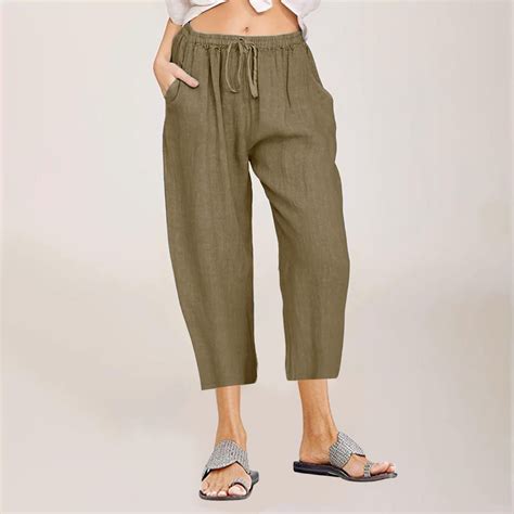 Fakkduk Capri Pants For Women Casual Summer Elastic High Waisted Linen