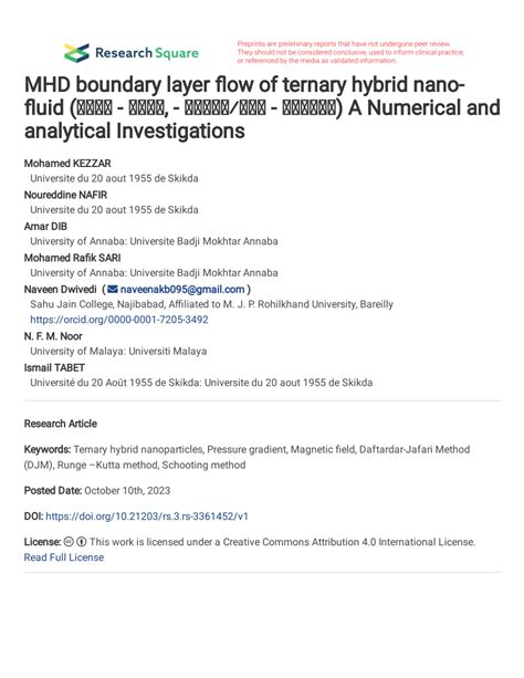 Pdf Mhd Boundary Layer Flow Of Ternary Hybrid Nano Fluid 𝐓𝐢𝐨𝟐 𝐒𝐢𝐨𝟐