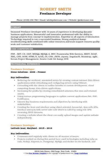 freelance developer resume samples qwikresume