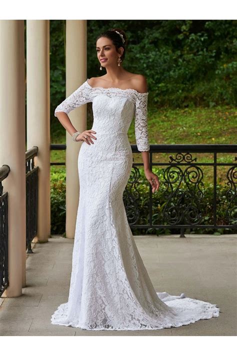 Mermaid 3 4 Length Sleeves Off The Shoulder Lace Wedding Dresses Bridal