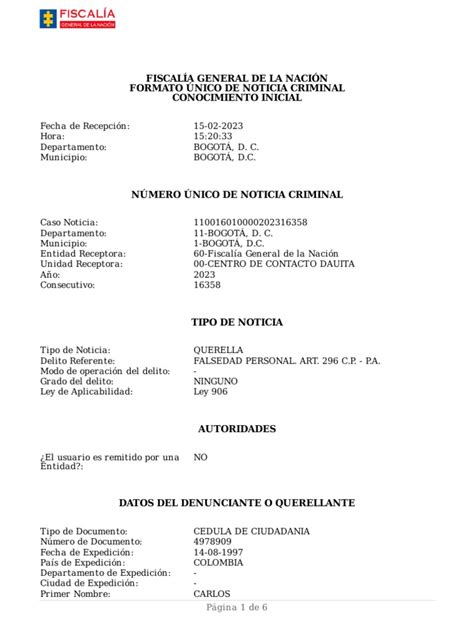 Fiscalía General De La Nación Formato Único De Noticia Criminal