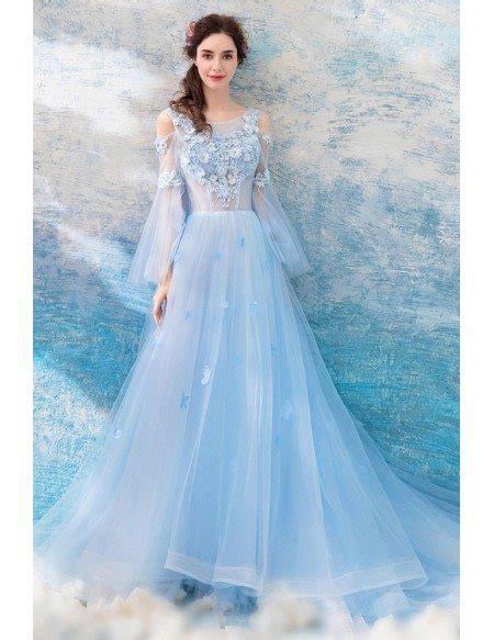 Fairy Blue Long Tulle Flowers Prom Dress A Line With Sleeves Wholesale