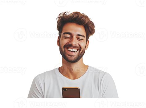 Ai Generated Happy Unshaven Guy Smiling While Using Mobile Phone