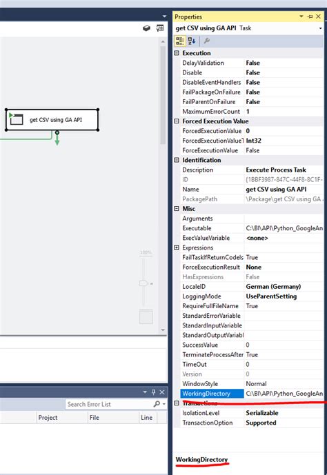 windows ssis execute process task for python script to api with