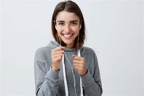 Happy Young Good Looking Funny Caucasian Girl With Dark Long Hair In
