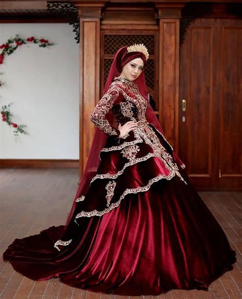 Muslim Burgundy Wedding Dress Long Sleeve Ball Gown Tbw05 Tanya Bridal