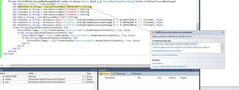 devexpress object variable or with block variable not set and