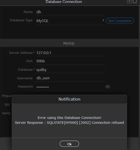 error using this database connection server response sqlstate[hy000