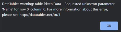 datatables warning table id tbldata requested unknown parameter id