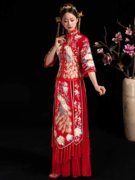 Red Peacock Chinese Wedding Dress Qipao Fashion Hanfu