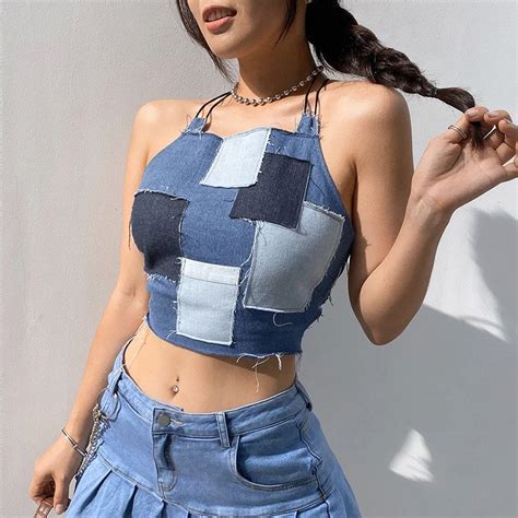 Aesthetic Cute Denim Tank Top Halter Top Rave Crop Top Cropped Etsy