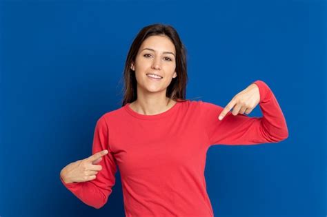 Premium Photo Attractive Brunette Girl Wearing A Red T Shirt