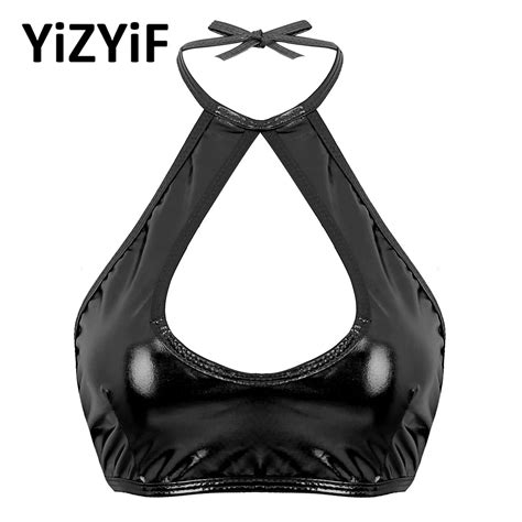 Womens Leather Halter Top Sexy Pole Dance Crop Top Wet Look Latex Cut