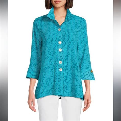 Ali Miles L Blue Polka Dot Button Up Blouse Ebay