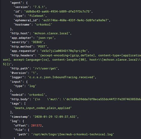 pretty json format of recieved dot separated log data fields kibana
