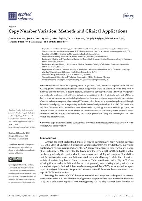 Pdf Copy Number Variation Methods And Clinical Applications