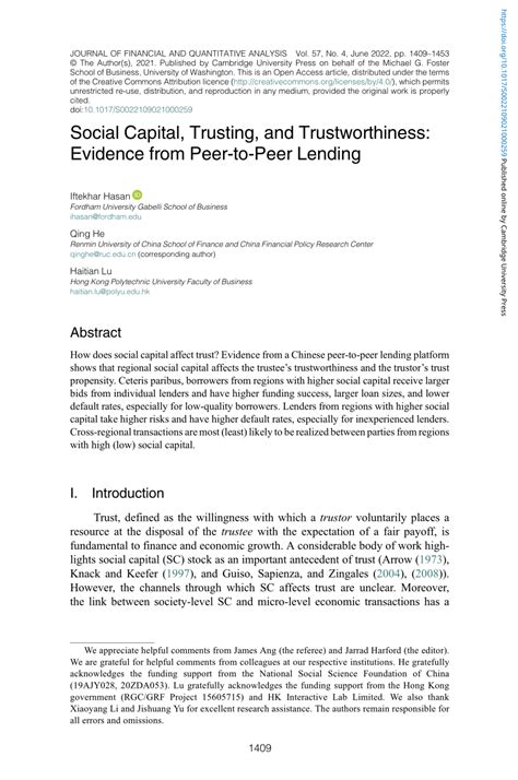 Pdf Social Capital Trusting And Trustworthiness Evidence From Peer