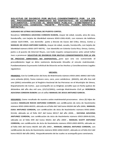 Solicitud De Divorcio Por Mutuo Consentimiento Por La Vía Del