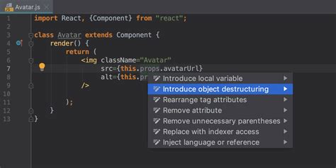 webstorm 2019 1 eap 2 intentions for javascript destructuring the