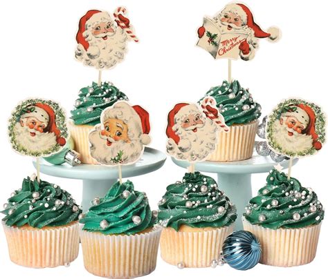 Gyufise 36pcs Merry Christmas Cupcake Toppers Retro Santa Claus Head