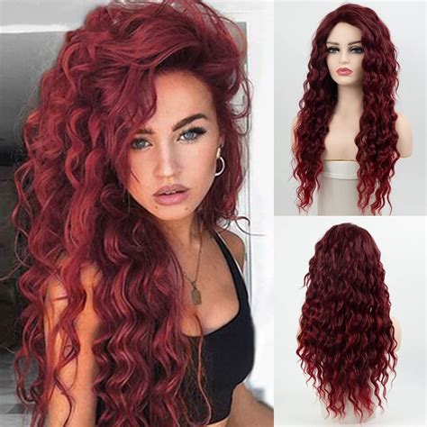 Fencca Burgundy Long Curly Wigs For Women Heat Synthetic Wig Wine Red