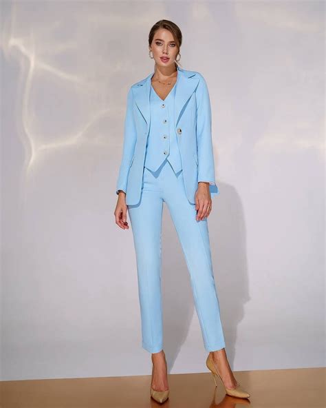 Light Blue Womens Blazer Suit 3 Piece Womens Pantsuit Set Etsy