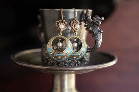 14k Victorian Revival Robins Egg Blue Enamel Earrings… Gem