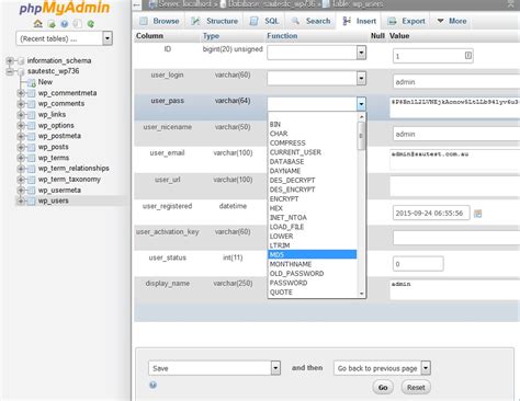reset wordpress password via phpmyadmin