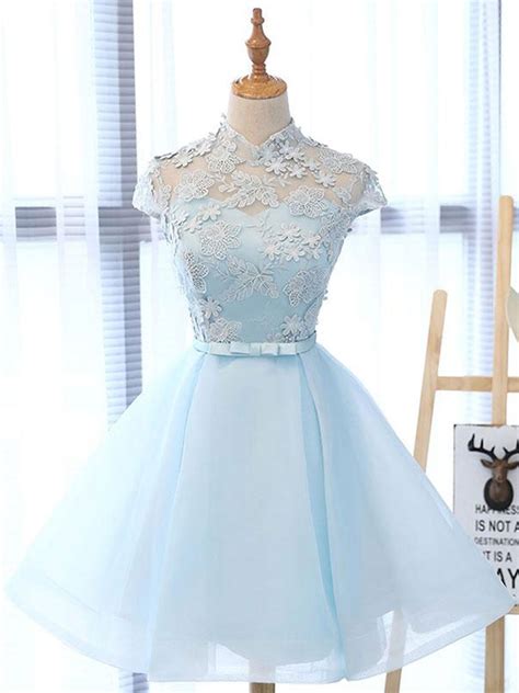 Cute Light Blue Short High Neckline Knee Length Party Dress Blue Lace