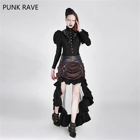 Punk Rave Women Novelty Gothic Steam Punk Skirt Stripe Woven Hand