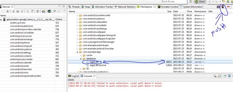 sqlite cannot export database in android failed to push selection