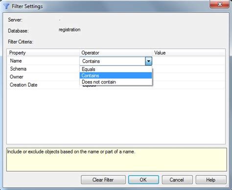using filter settings option in sql server