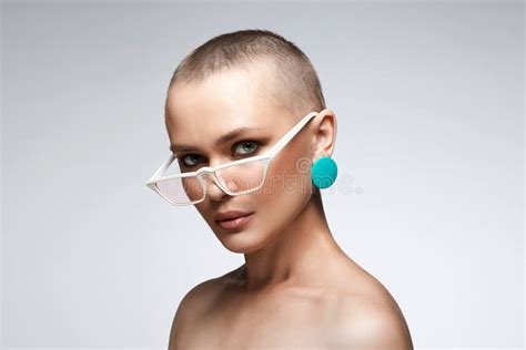 Beautiful Woman With Short Haircut Wearing Glasses Beauty Bald Woman