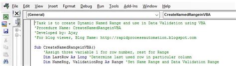 dynamic named range using vba in excel tactical process automation