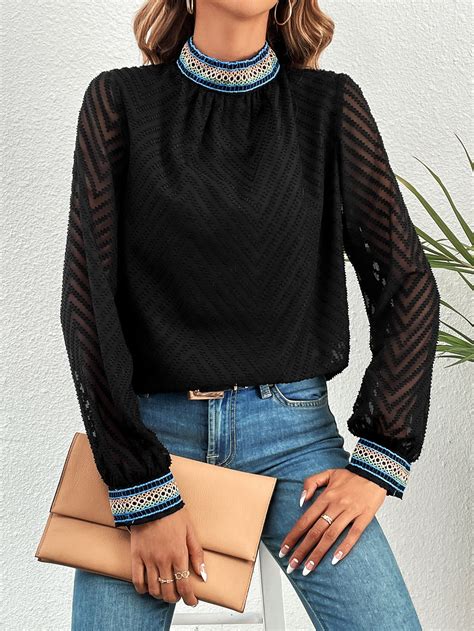 Casual Eenkleurig Blouse Contrast Kant Contrast Doorschijnend Shein