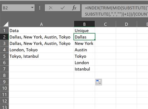 microsoft excel get unique list in a column from values separated by