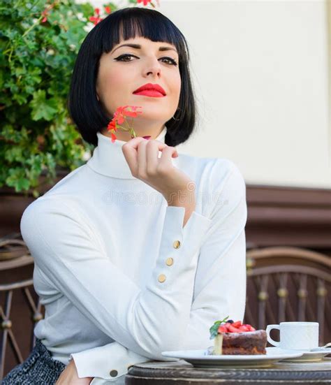 Girl Relax Cafe With Cake Dessert Woman Attractive Elegant Brunette