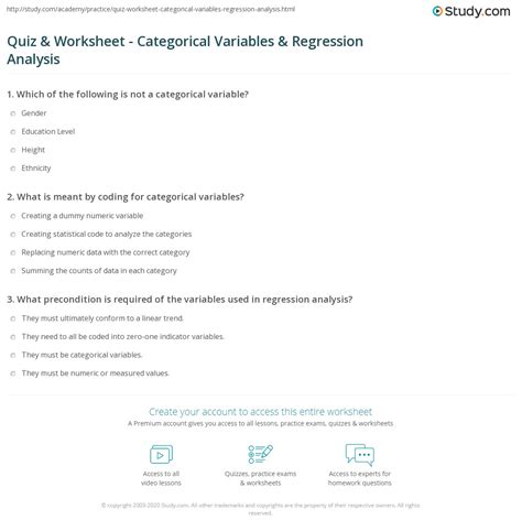 quiz and worksheet categorical variables and regression analysis