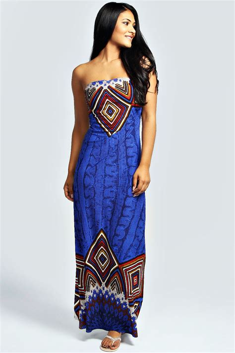 Boohoo Womens Ladies Lizzie Aztec Print Bandeau Maxi Dress Ebay