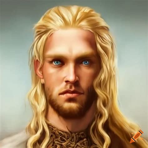 Portrait Of An Ancient Celtic Man With Long Blonde Hair And Blue Eyes