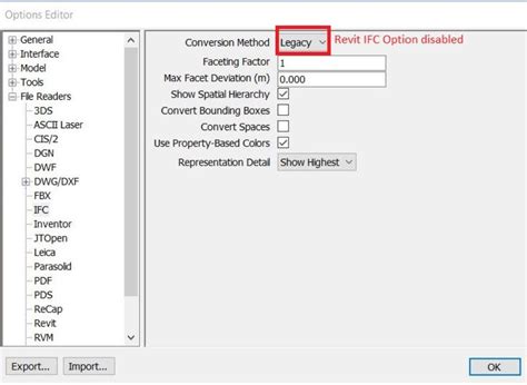 how to disable the revit ifc feature in the ifc file reader options