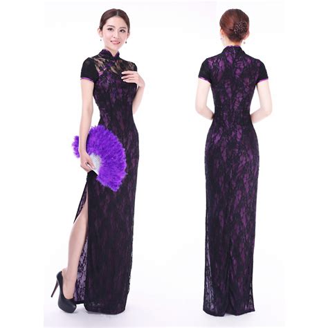 Marvelous Roses Lace Long Cheongsam Dress Purple Qipao Cheongsam