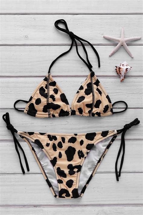 2019 Sexy Halter Neck Self Tie Leopard Print Backless Bikini Set For