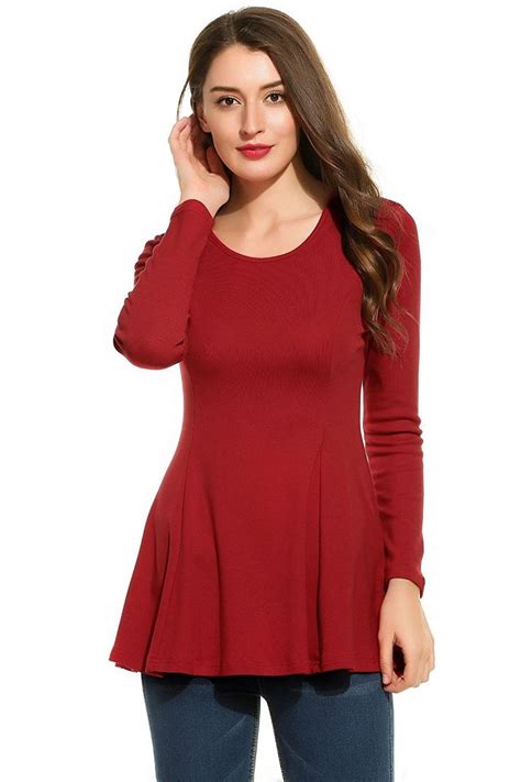 Women Long Sleeve O Neck Solid Ruffle Hem Slim Fit Flared Tunic Top