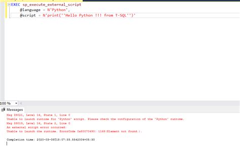 unable to run python script in sql server management