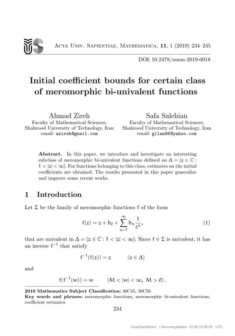 Pdf Initial Coefficient Bounds For Certain Class Of Meromorphic Bi