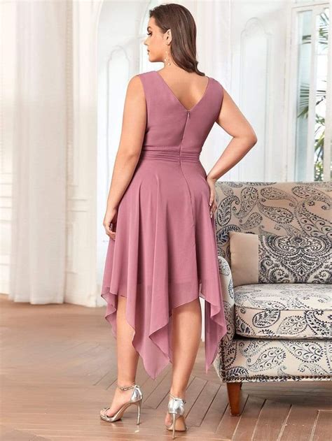 Plus Size Double V Neck Ruched Waist Midi Chiffon Bridesmaid Dress