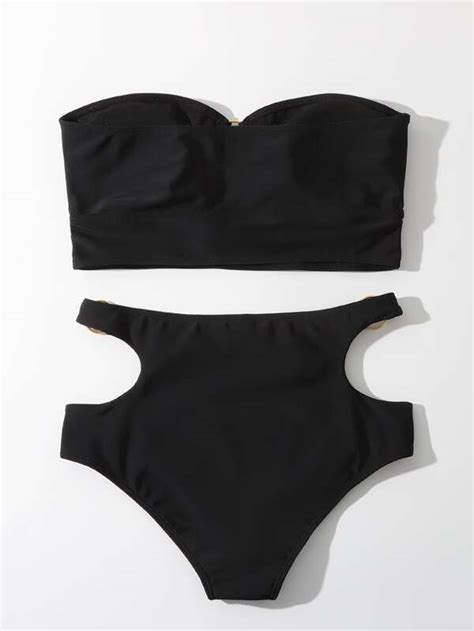 Solid Bikini Set Cut Out Ring Linked Bandeau Bra And High Waisted Bottom