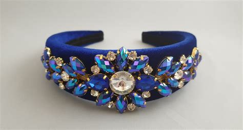Blue Padded Velvet Headband Glass Crystal Rhinestone Flower Etsy